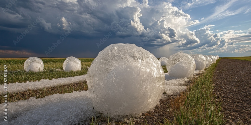 Large hail ice balls formed after a severe summer storm, showcasing the ...