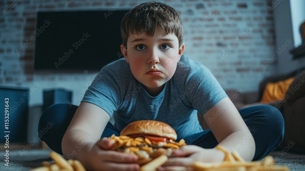 Overweight kid enjoying unhealthy fast food while sitting on the floor ...