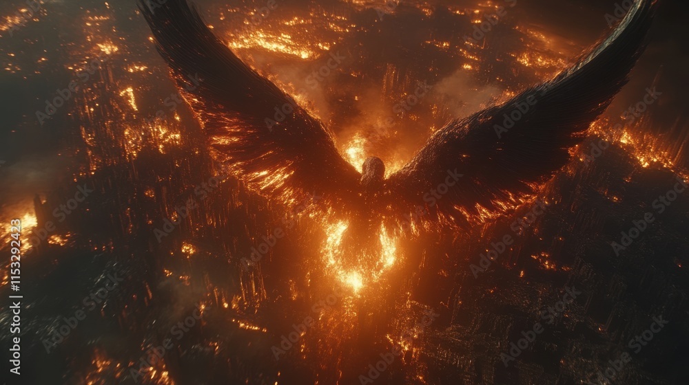 Fiery winged creature over burning landscape. Stock Photo | Adobe Stock