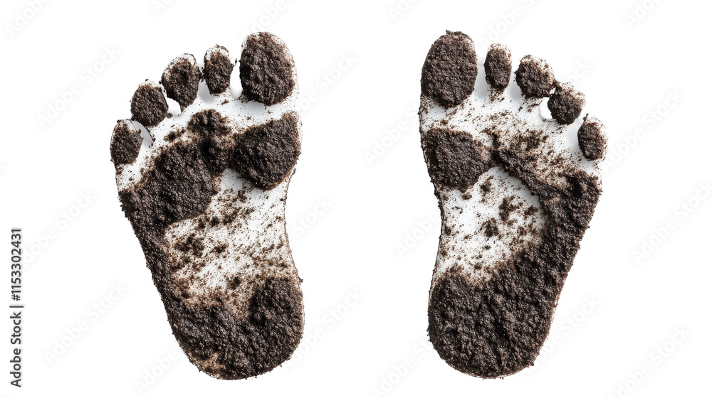 Dirty footprints in the mud on a white surface. transparent background ...