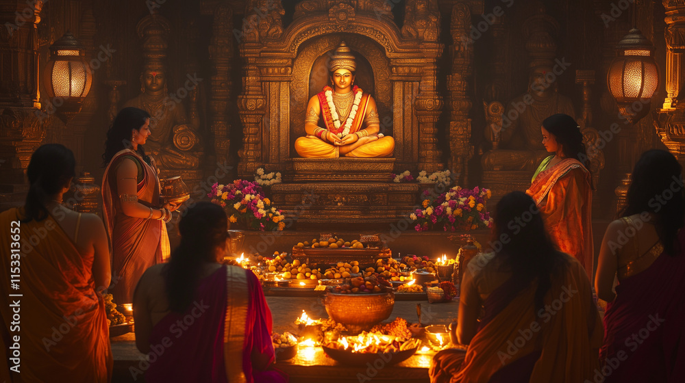 Foto de Stock Hindu men and women wearing traditional attire praying in ...