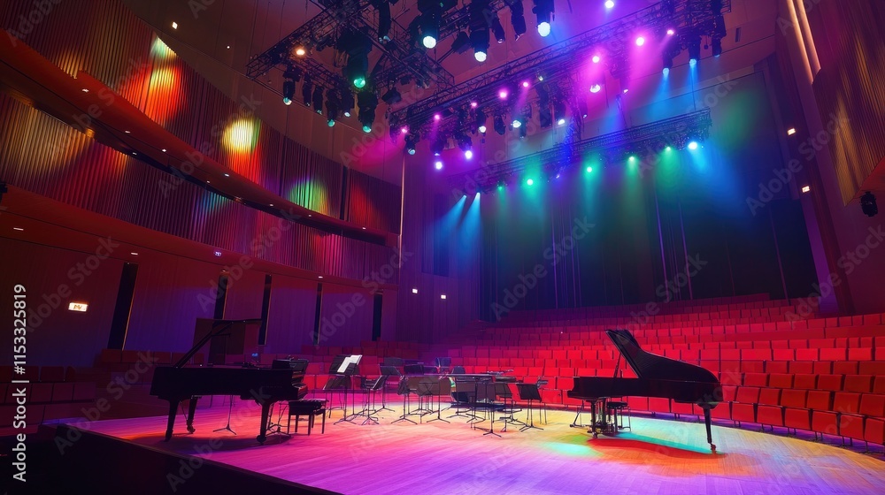 A vibrant stage setup with colorful lighting effects on a truss system ...