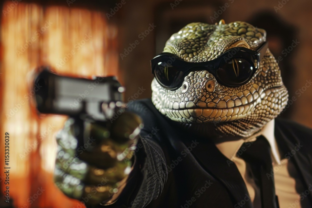 Dangerous lizard man wearing suit and sunglasses is aiming with a gun ...