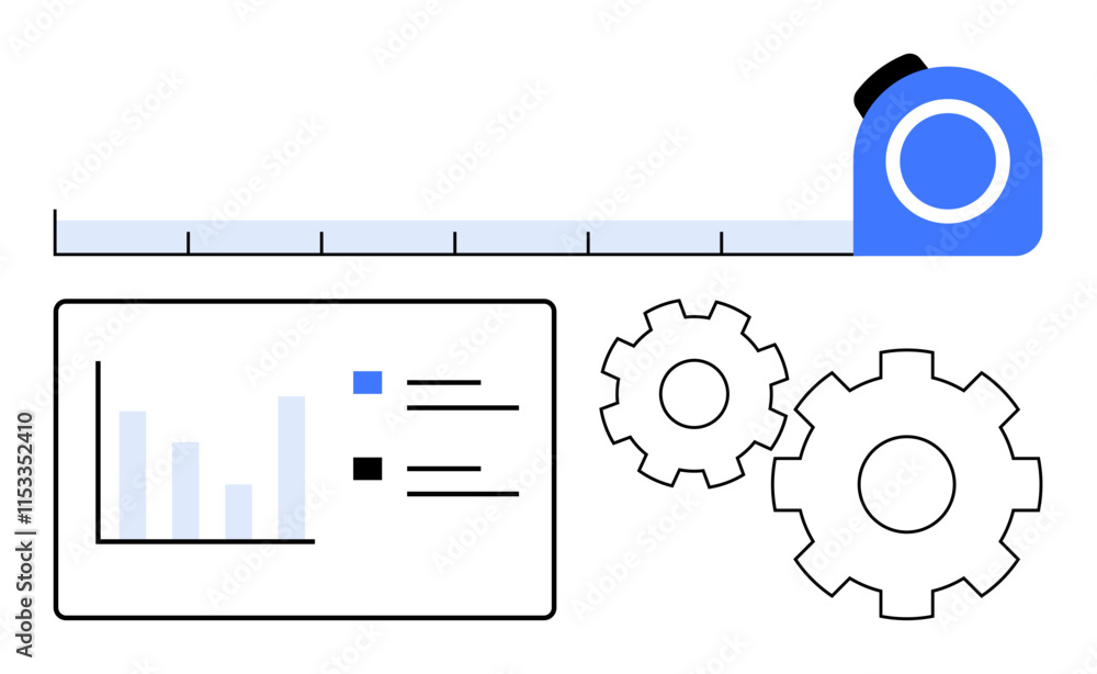 Measuring tape extending beside a bar chart with data points and gears engaging. Ideal for ...