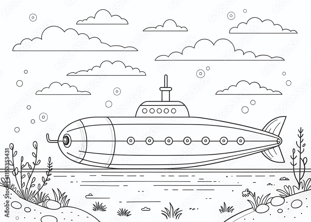 Simple Submarine Line Art Coloring Page: Black and White Underwater ...