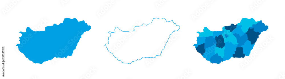 Hungary set of three maps - solid map, outline map and map highlighting ...