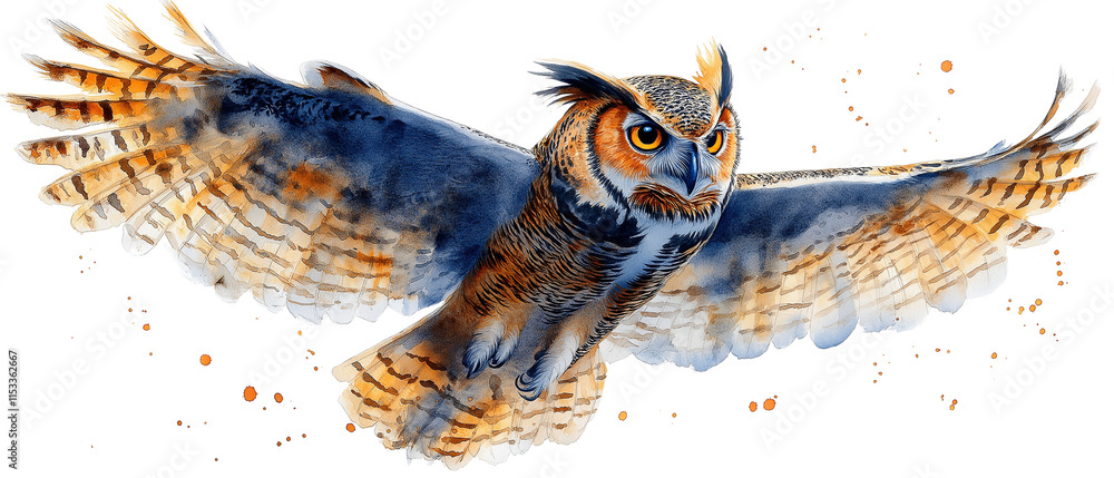 Watercolor Owl in Flight: A majestic great horned owl soars through the ...