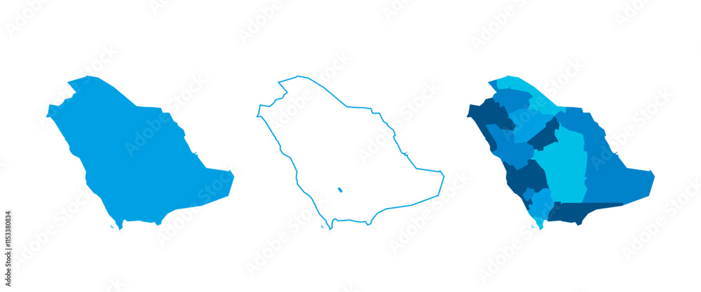 Saudi Arabia set of three maps - solid map, outline map and map highlighting administrative ...