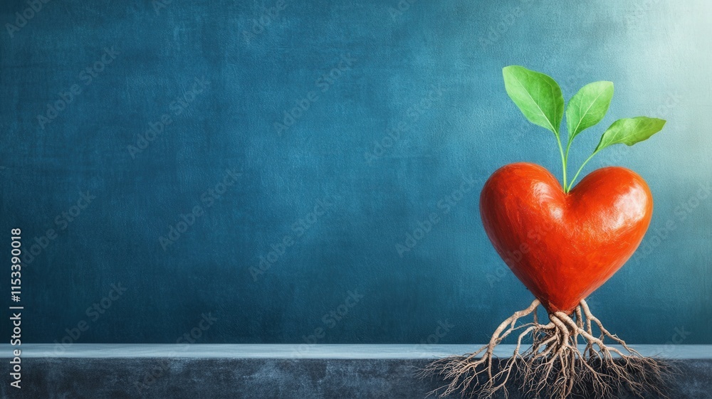 Self development wellness concept. A heart-shaped plant with roots ...
