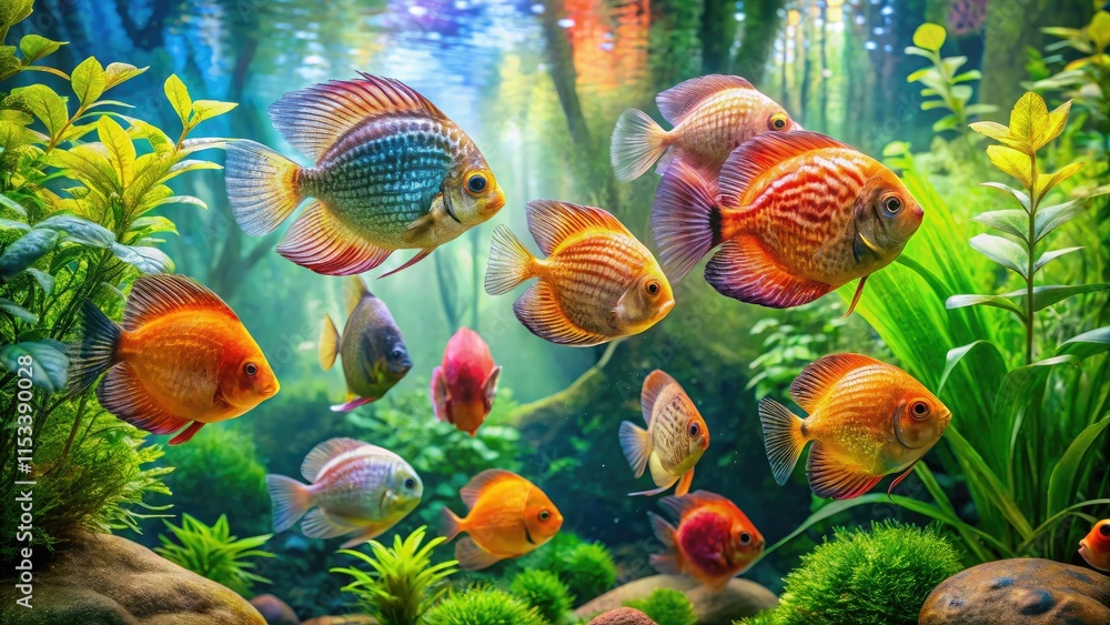 Double exposure showcases vibrant discus fish amidst lush aquatic ...