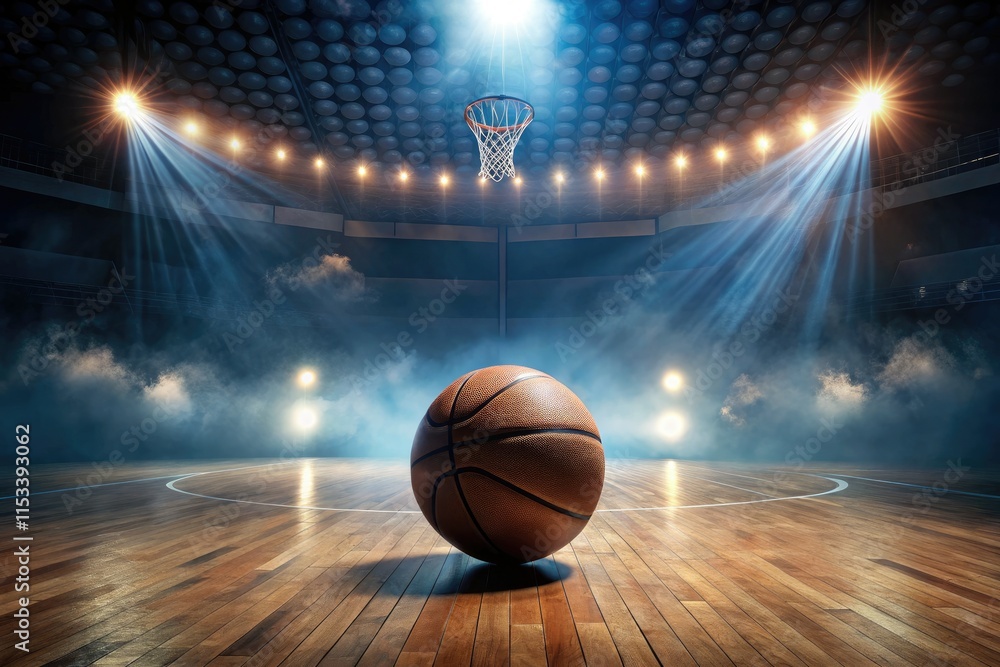 Dramatic spotlight illuminates an empty, fog-shrouded outdoor ...