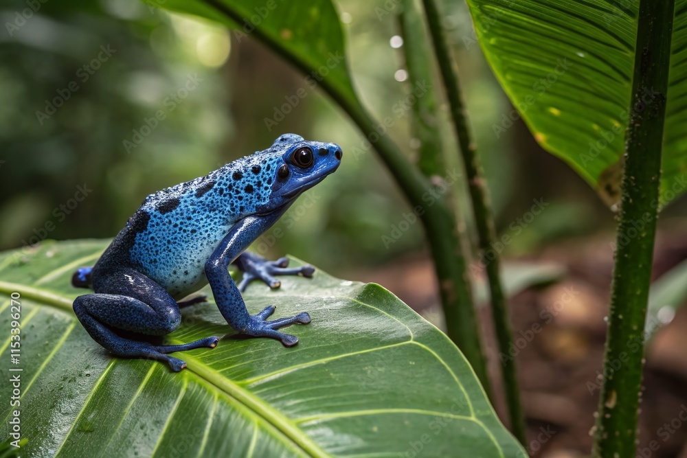 Amazon Rainforest Blue Poison Dart Frog on Leaf - Azureus Dendrobates ...