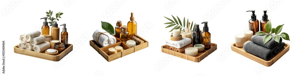 Set of Bamboo Spa Trays with Towels, Candles, and Skincare Products ...
