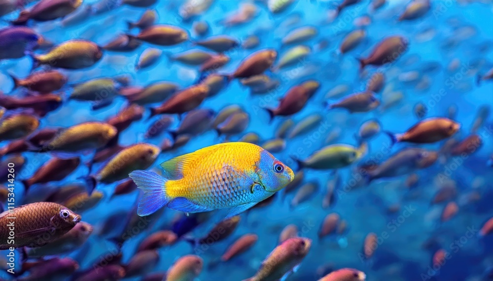A single, brightly colored fish swimming against a school of uniform ...