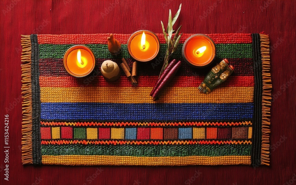 A colorful woven Mkeka mat with symbolic Kwanzaa items arranged neatly ...