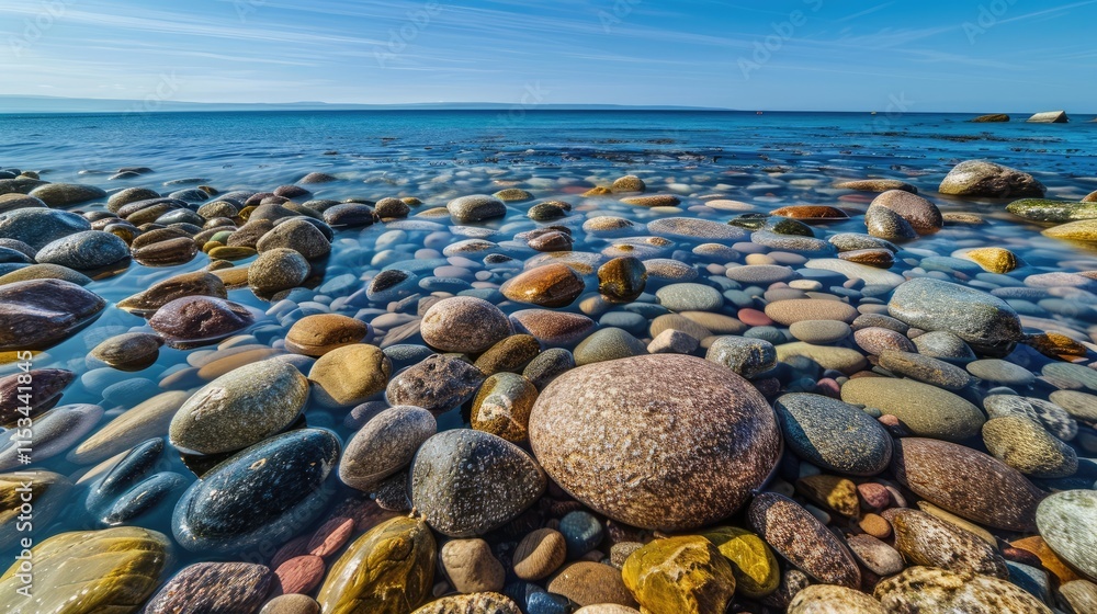 Sea stones of various sizes and colors forming natural patterns along a ...