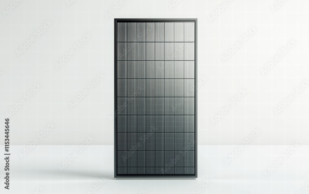 A single solar panel standing upright with visible grid details and a ...