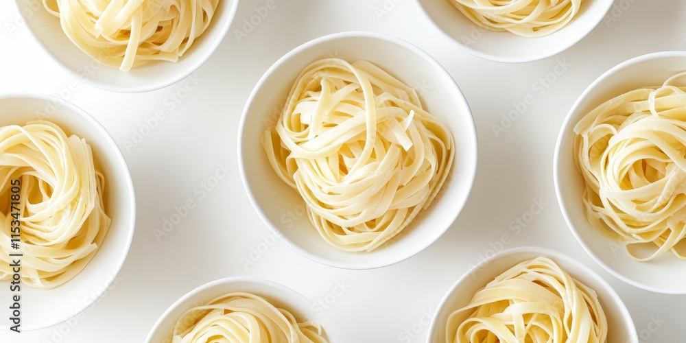 Nestled on a white background, bowls filled with raw pasta nests create ...