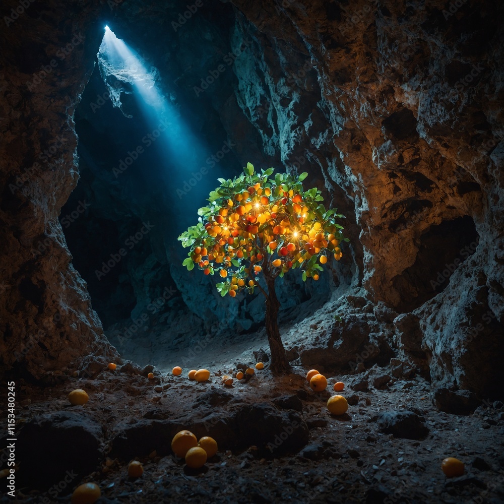 A tree growing fruits in an underground cavern lit by glowing crystals ...