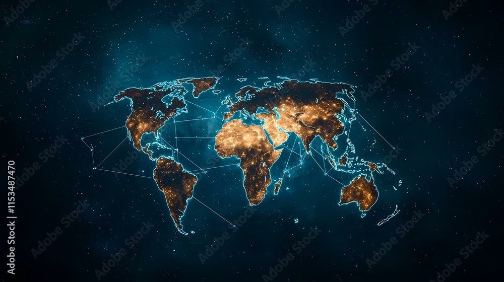 The image shows a stylized world map set against a dark blue, star ...