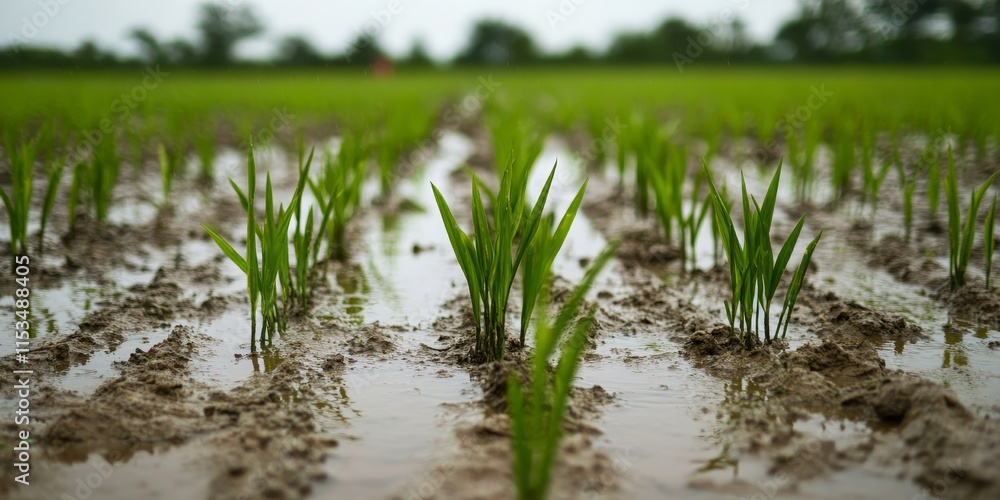 Flooded rice field damage observed after heavy rain, highlighting the ...