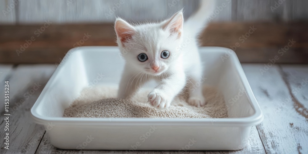 Kitten in litter box, a playful white little cat exploring the toilet ...