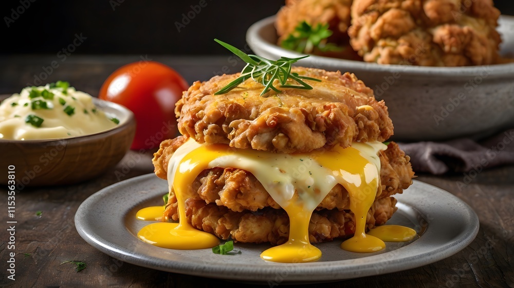 Smoky fried chicken round patty stack with melted creamy cheese ...