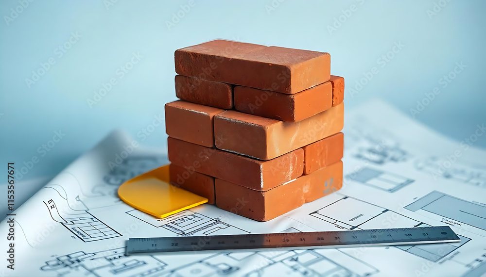 A stack of red bricks on top of architectural blueprints, with a ...
