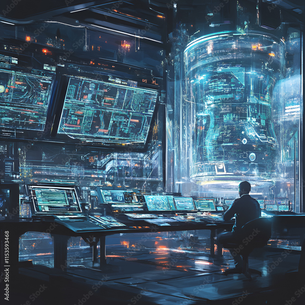 interior of factory, Global Monitoring Station with Data Projections, Tech Command Center with ...