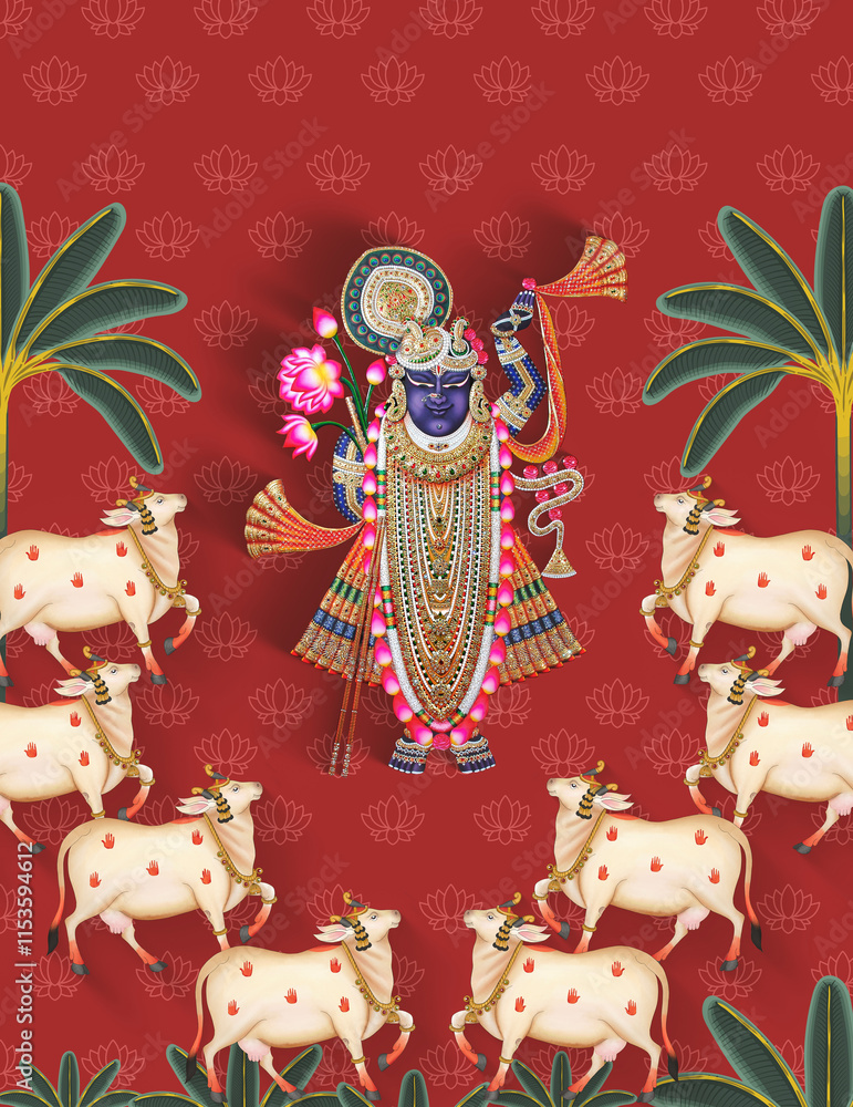 Indian Pichwai Art Illustration With Shreenathji (Lord Krishna) And ...