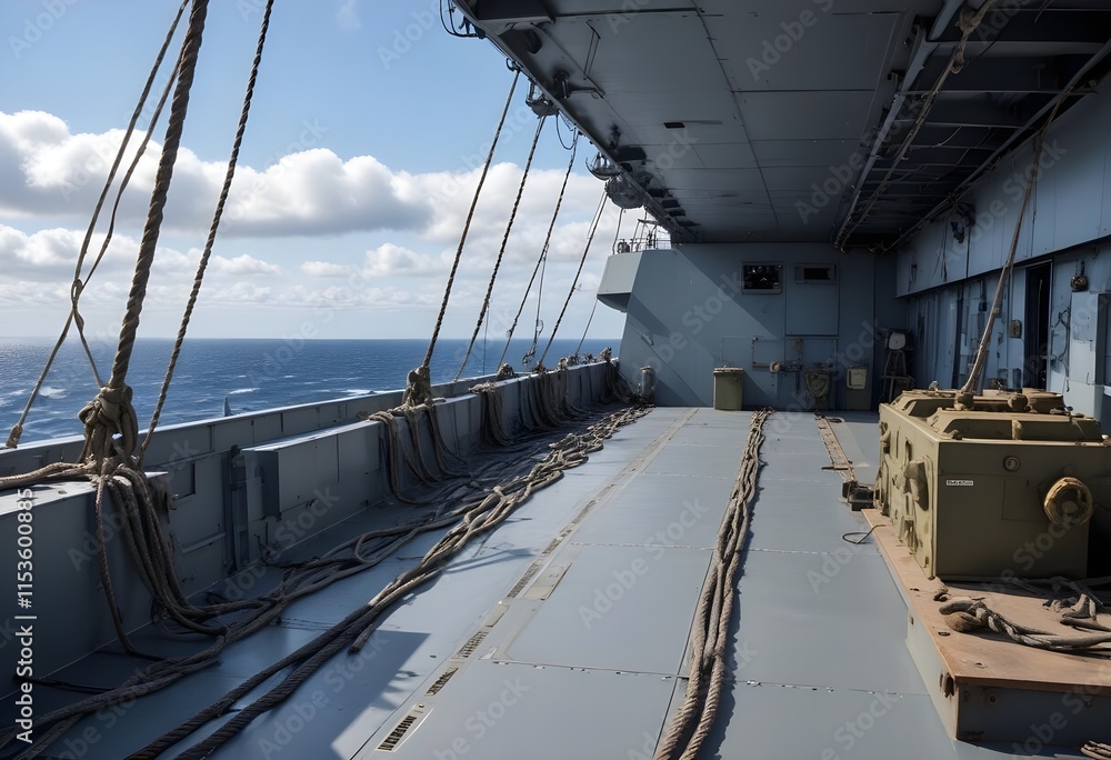 A steel naval vessel deck with cables, hatches, and navy blue tarps ...