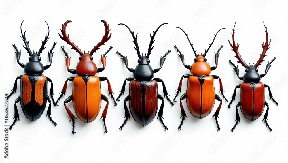Five vibrant beetles with striking orange and black patterns are ...