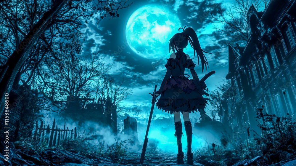 A Gothic-themed anime girl in a dark, eerie setting, hunting vampires ...