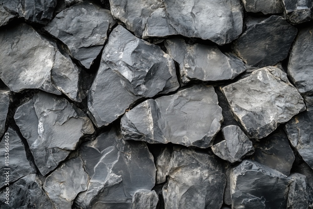Natural black stone wall forms textured background with irregular ...