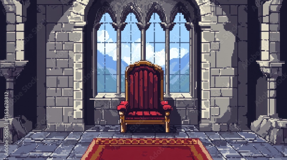 Pixel art throne room with mountain view. 스톡 일러스트레이션 | Adobe Stock