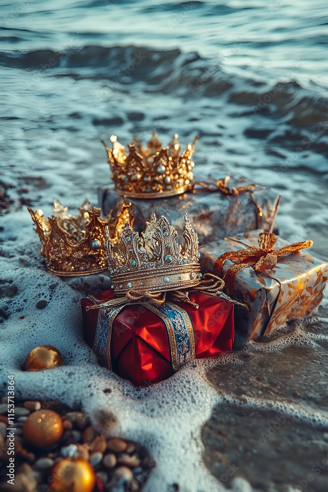 las coronas de los tres reyes magos de oriente con con bolsas de ...