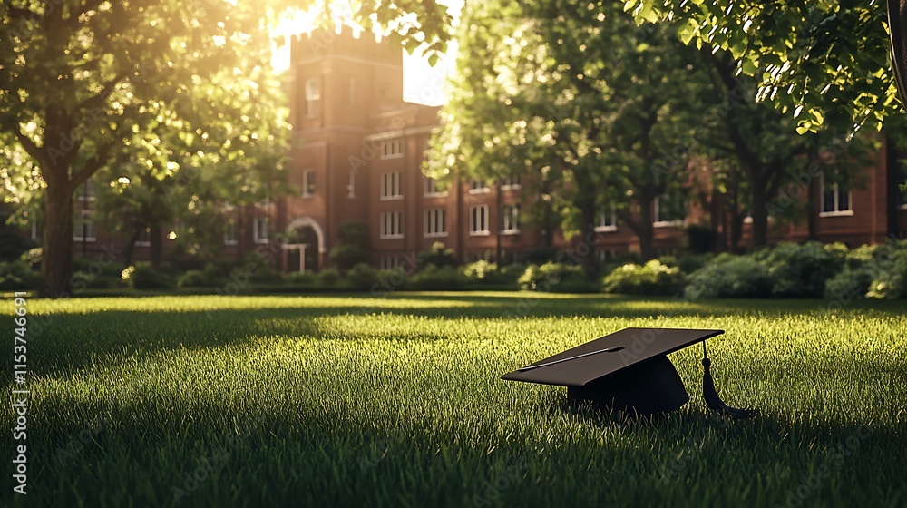 Portray a lifelike university campus scene featuring a graduation cap ...