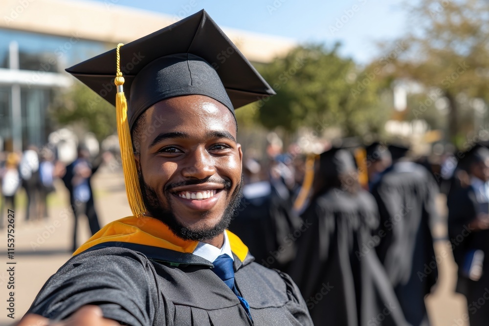 A cheerful graduate takes a selfie, proudly wearing a cap and gown ...
