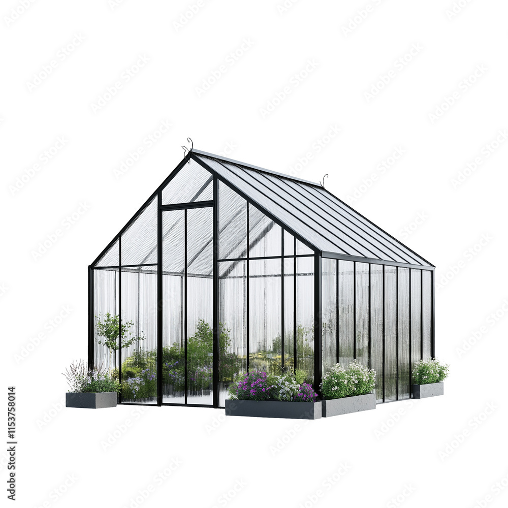 Modern glass greenhouse with plants inside, isolated on a transparent ...