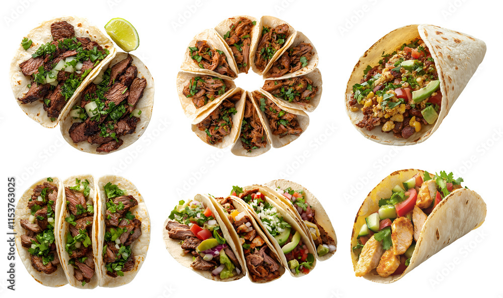 Collection of Mexican soft hard shell tacos tortilla, with different ...