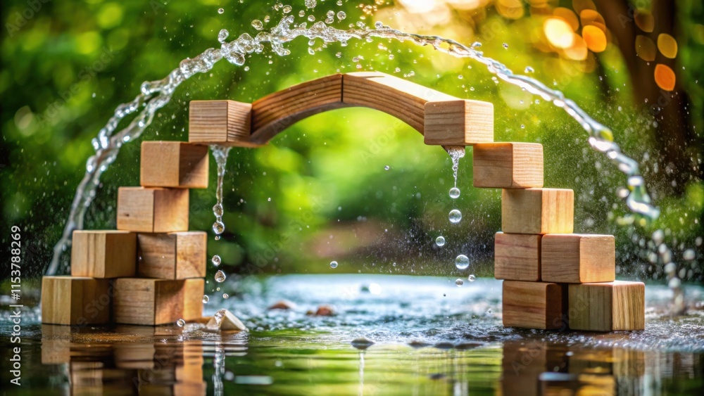 Wooden block bridge with water flowing over and creating a miniature ...