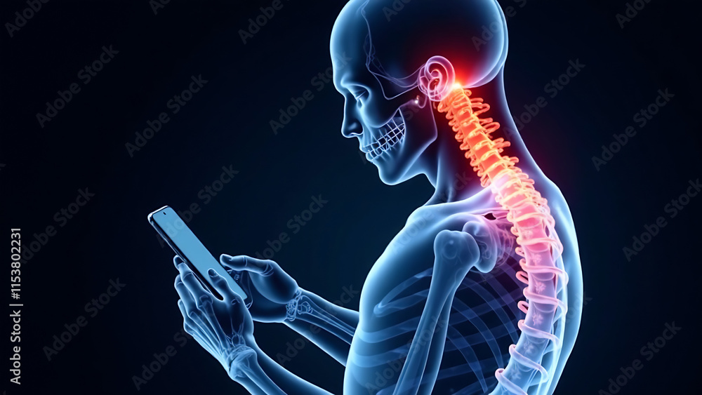 A detailed X-ray illustration showing a human skeleton using a mobile ...