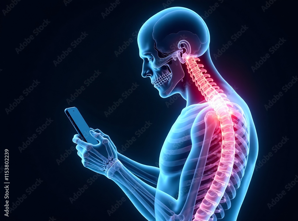 A detailed X-ray illustration showing a human skeleton using a mobile ...