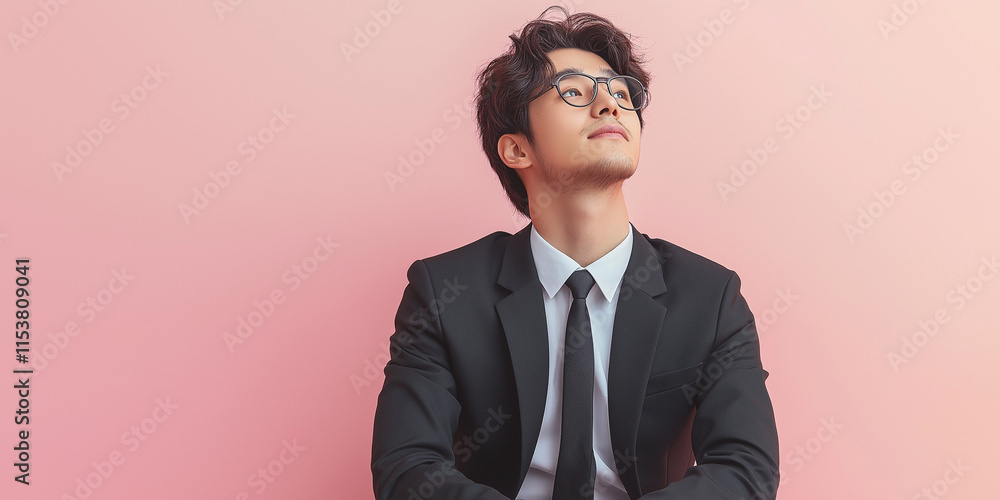 Professional young man in suit pondering ideas studio background ...