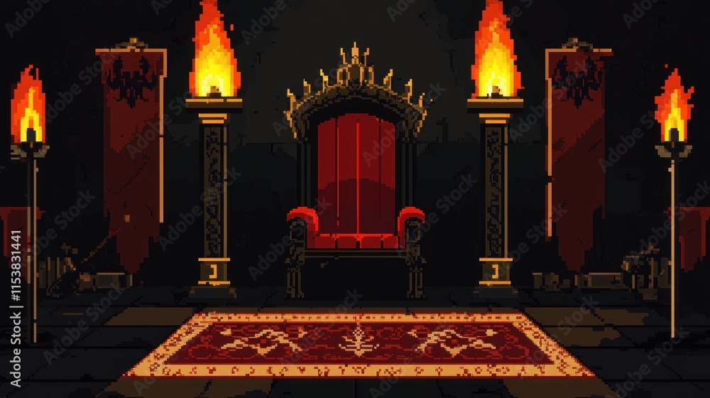Pixel art throne room with fiery torches, red carpet, and dark ambiance ...