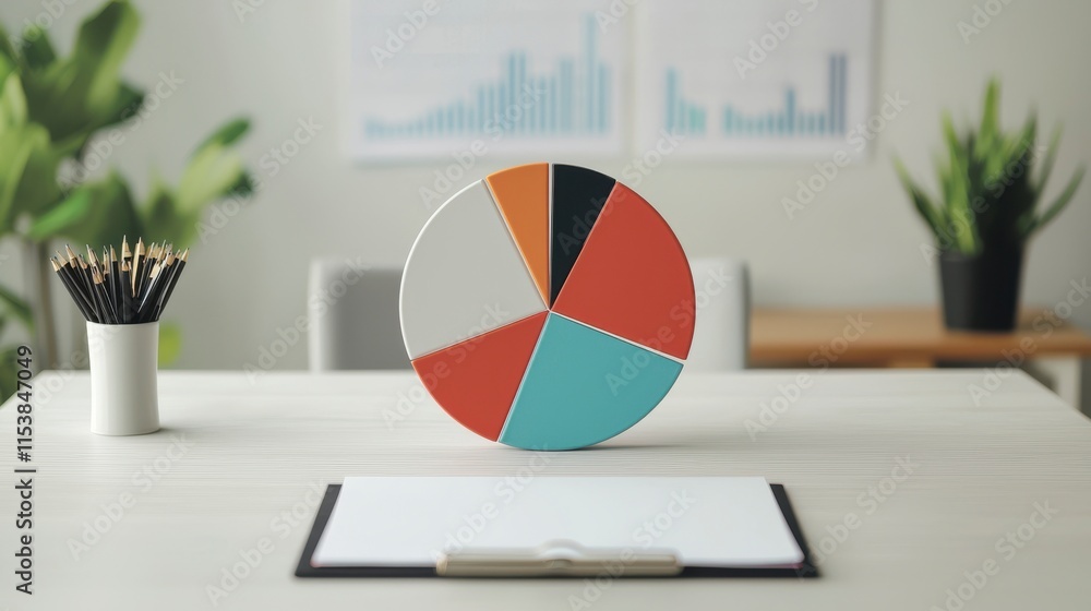 Modern Office Workspace with Colorful Pie Chart Visual and Notepad ...