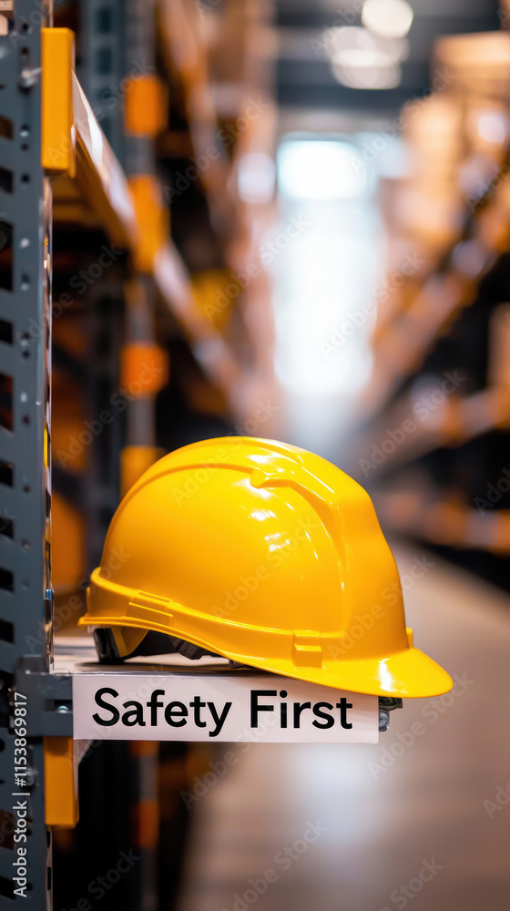Warehouse aisle safety concept. A yellow safety helmet rests on a shelf ...