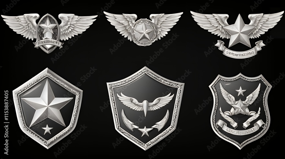 Set of military game rank badges isolated on background. Cartoon ...