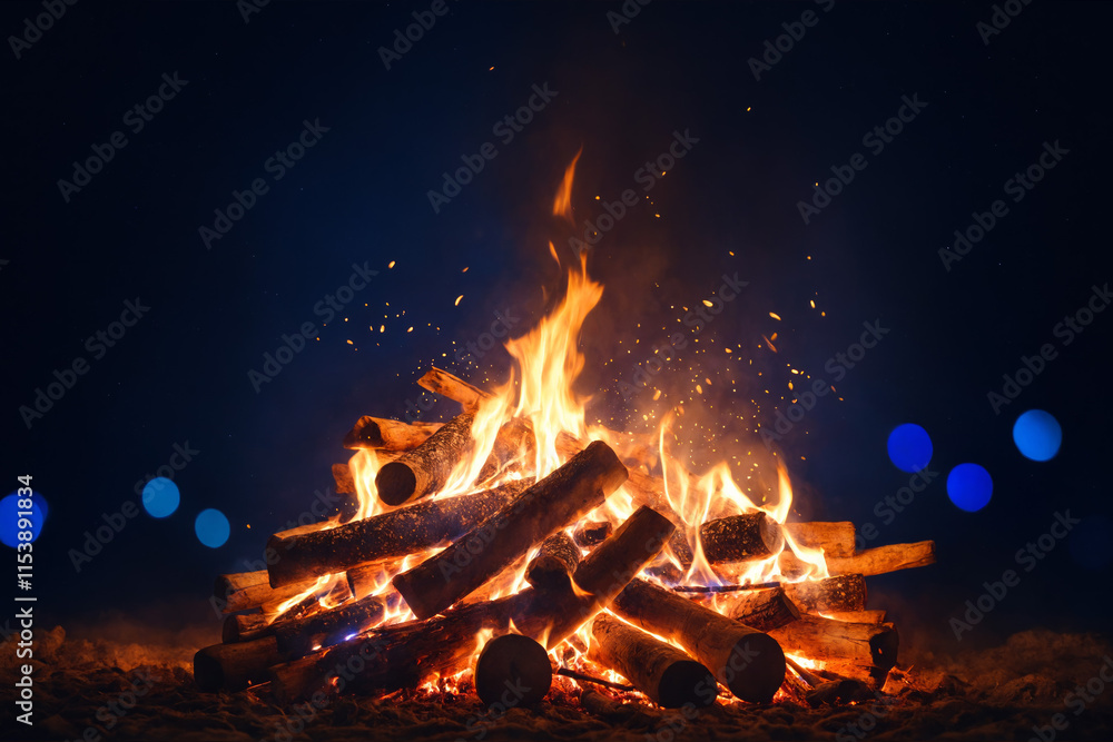 A burning bonfire on a dark blue background at night for Happy Lohri ...