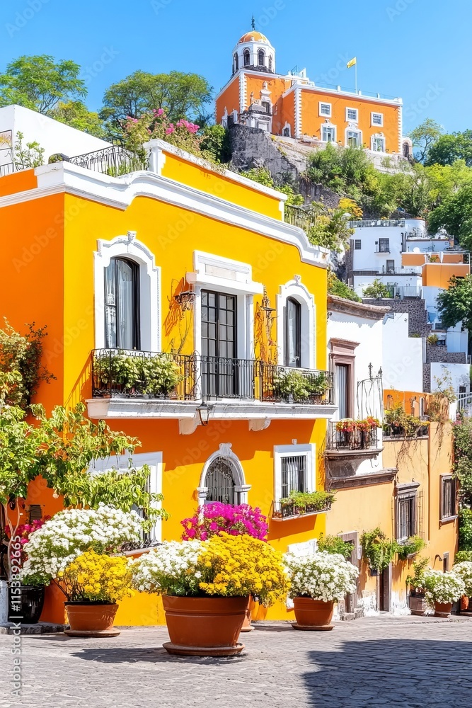 Casas coloridas y vibrantes en la colina bajo el sol dorado del ...